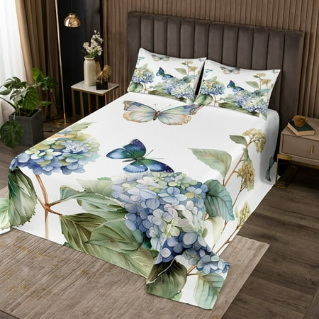 Hydrangea Blossoms Coverlet King Size Girls Butterfly Bedding Set,Blue ...
