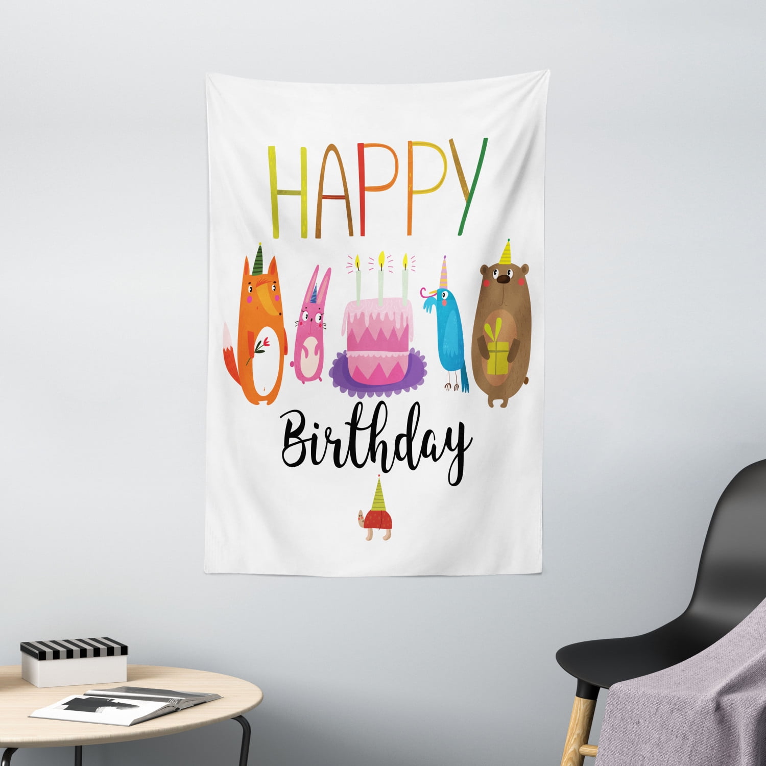 Happy Birthday Tapestry, Party Cartoon with Cake and Animal Friends Fox ...