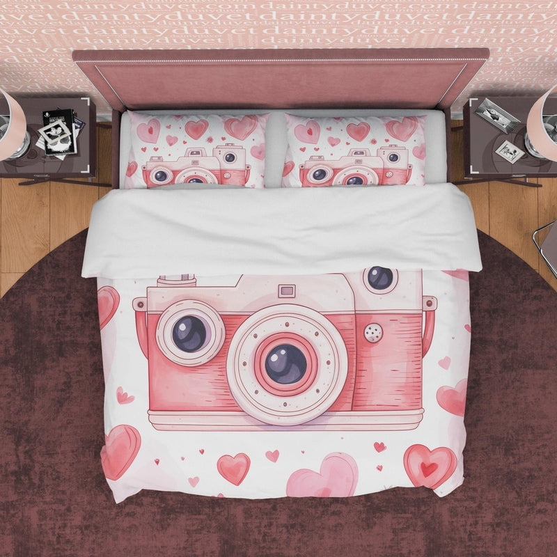 Único Retro Cámara Doona Cubierta Baby Pink Bedding, Girly Bedroom Set ...