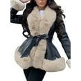 Women's Faux Leather Jacket Coat Short Parka Coat with Fur Collar Open ...