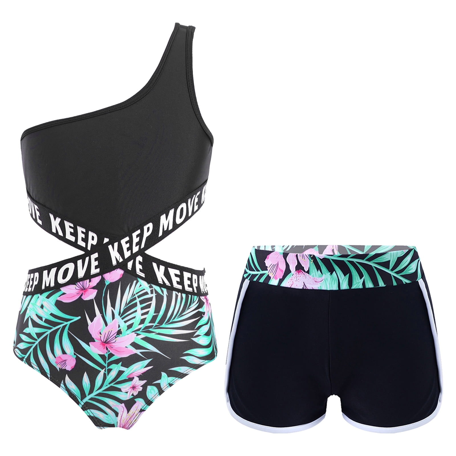 YONGHS Kids Girls 2 Piece Sport Rash Guard Swimwear One Shoulder ...