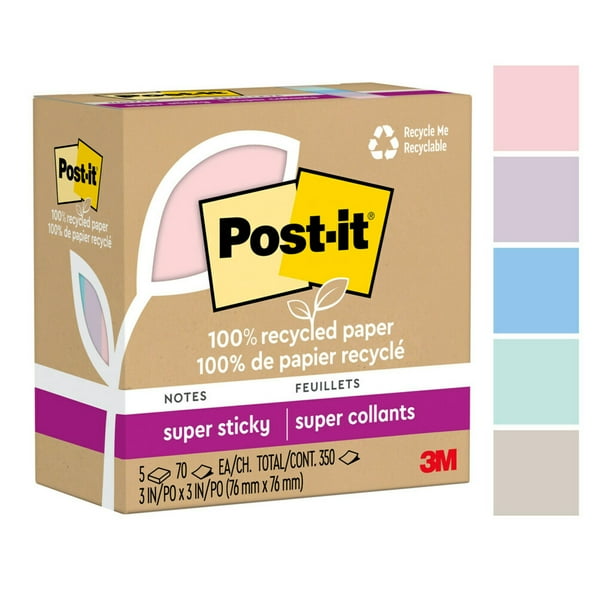 Post-it Recycled Super Sticky Notes Made with 100% Recycled Paper, 3 in ...