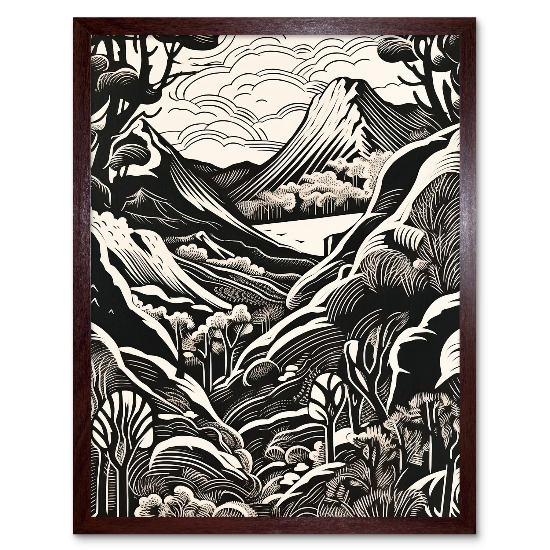 Forest Mountain Landscape Black and White Linocut Art Print Framed ...