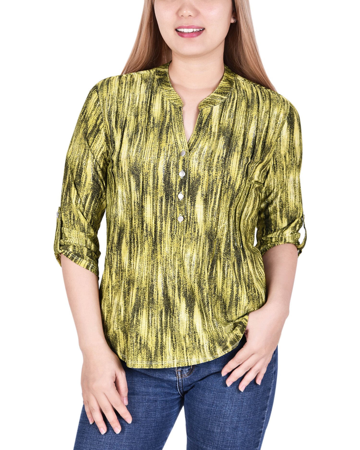 3/4 Roll Tab Sleeve Y Neck Top - Walmart.com