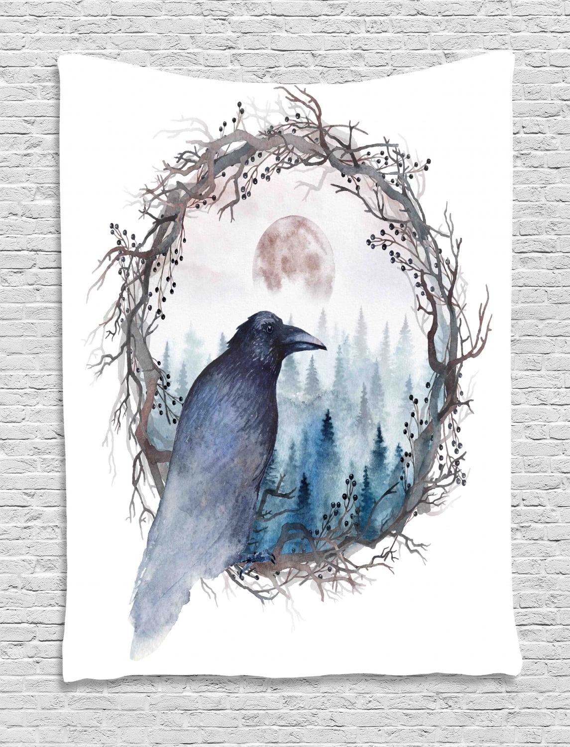 Black Crow Tapestry, Fine Art Paint Bird with Foggy Winter Forest in ...