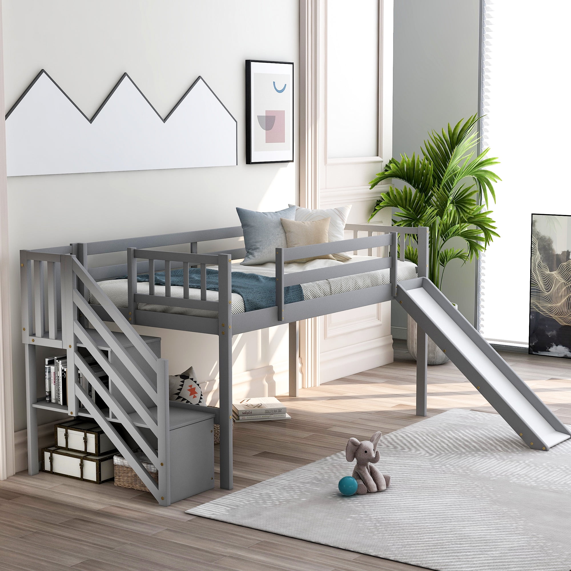 Cfowner Twin Size Low Loft Bed with Adjustable Slide and Storage ...