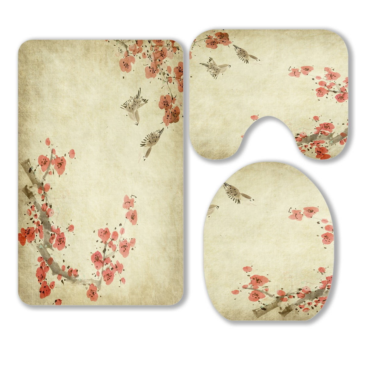 ECZJNT Flowers Plum Blossom Bird 3 Piece Bathroom Rugs Set Bath Rug ...