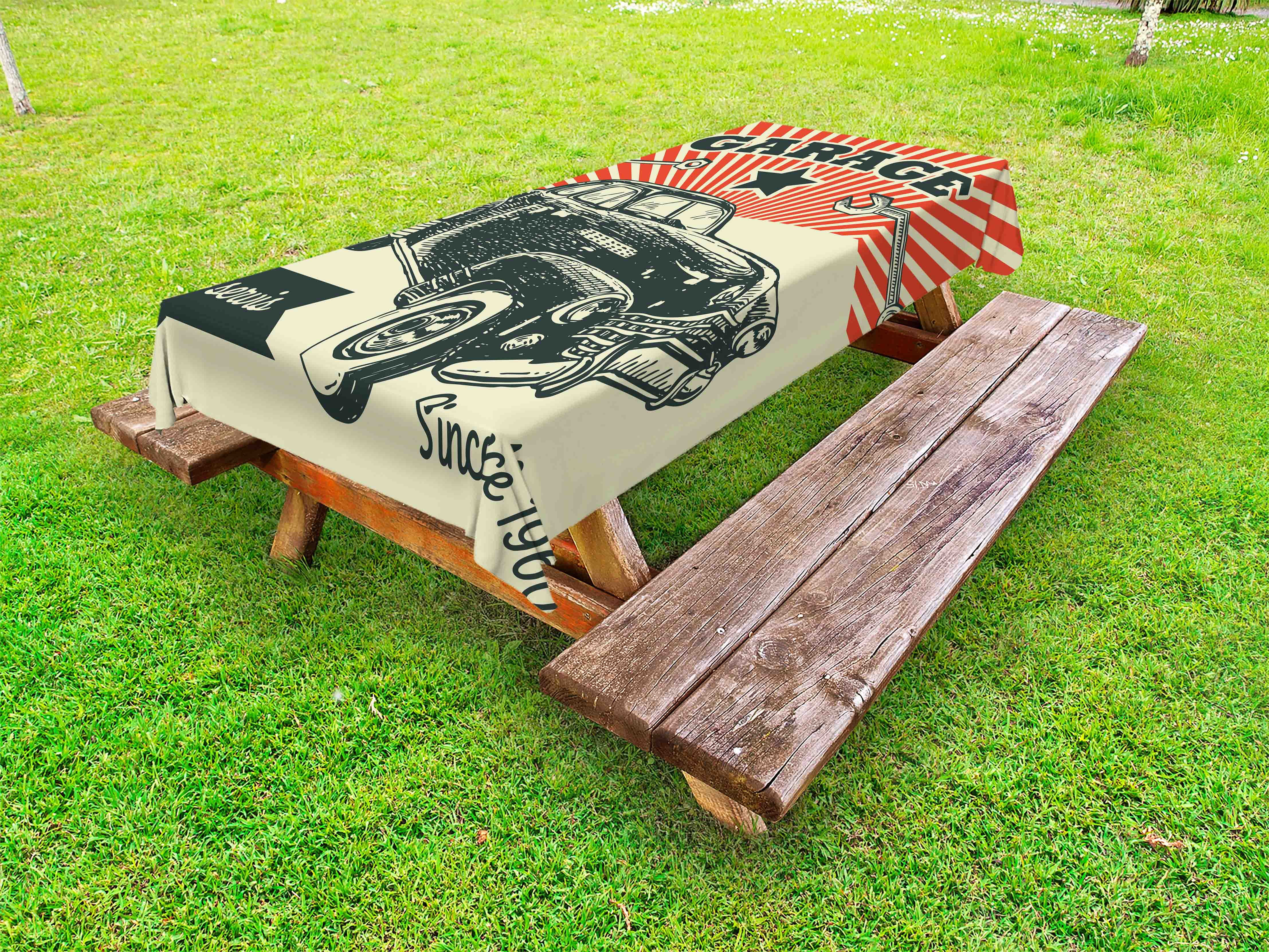 Cars Outdoor Tablecloth, Retro Car and Garage Advertising Poster Style ...
