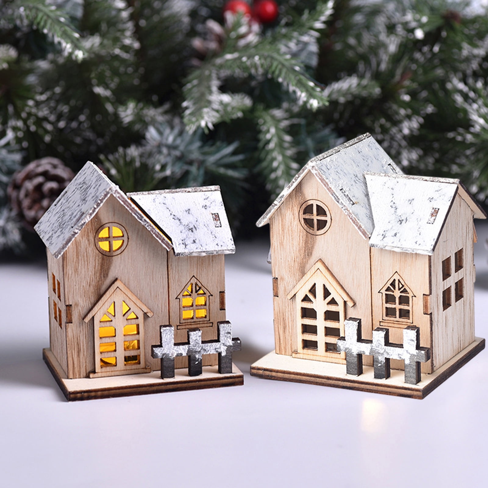 D-GROEE Christmas Wooden House LED Ornament Mini LED Light Xmas Village ...