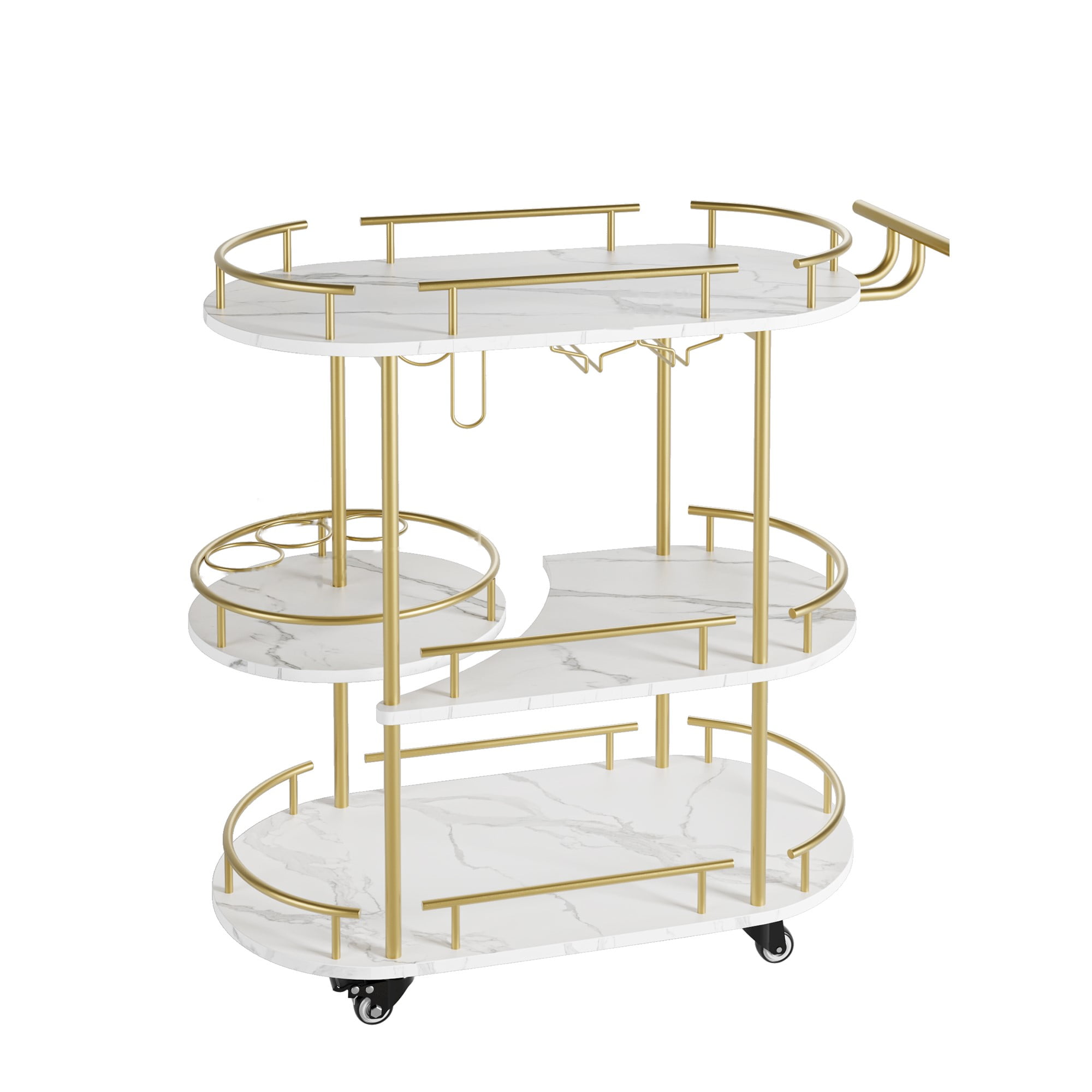 3-Tier Revolving Dining Car, Gold Marbled Bar Cart with Rack and Glass ...