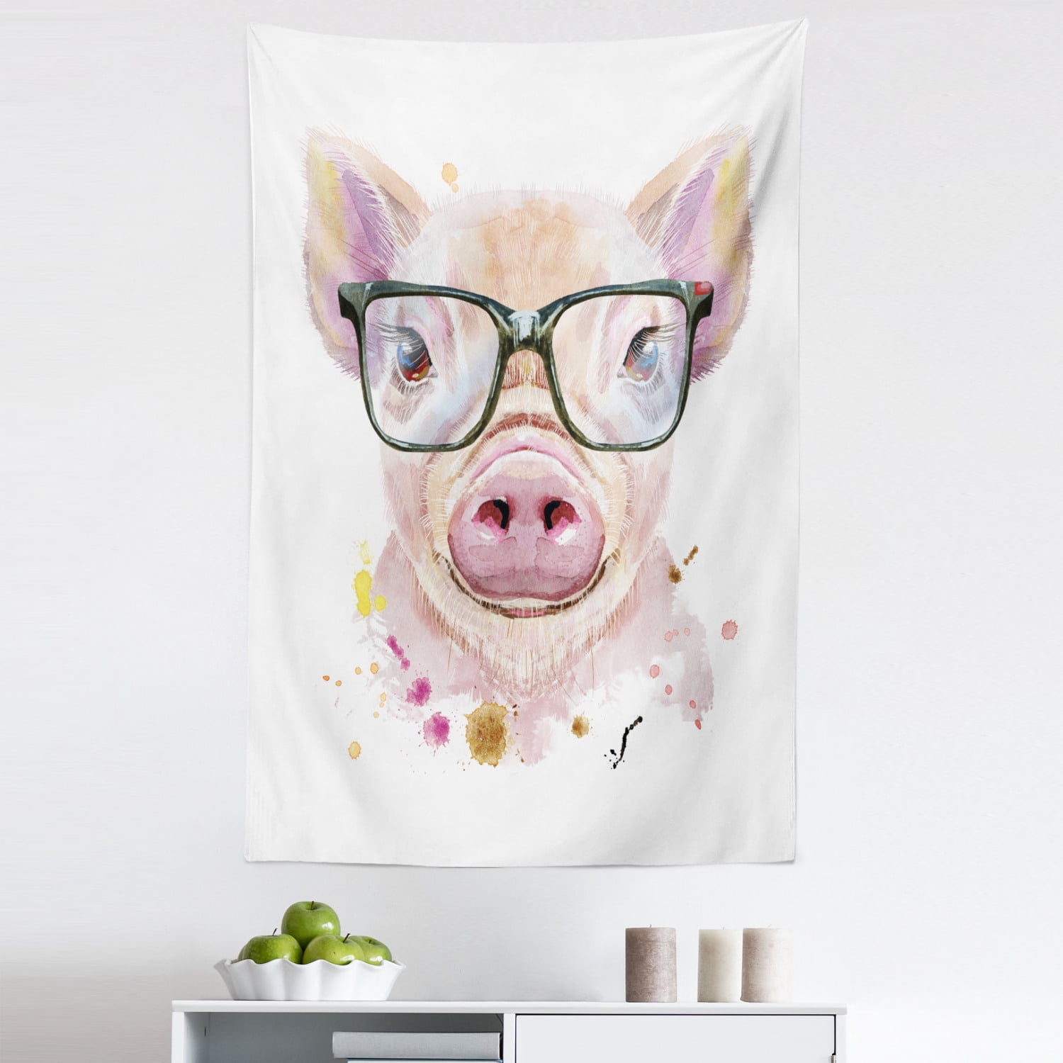 Watercolor Tapestry, Portrait of a Mini Pig in Eyeglasses Handmade ...