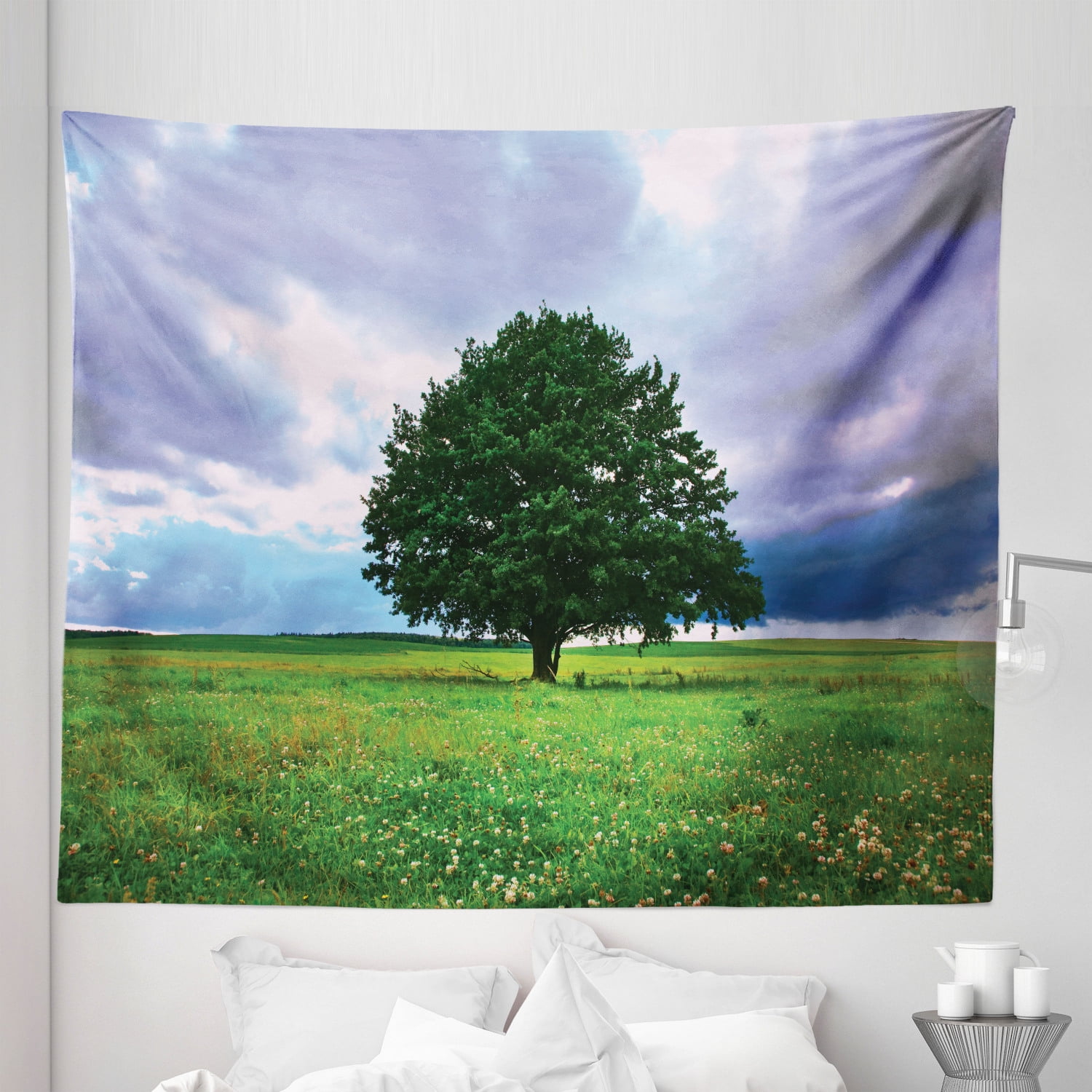 Trees Tapestry, Nature Scenery Spring Grassy Field Under Cloudy Pastel ...