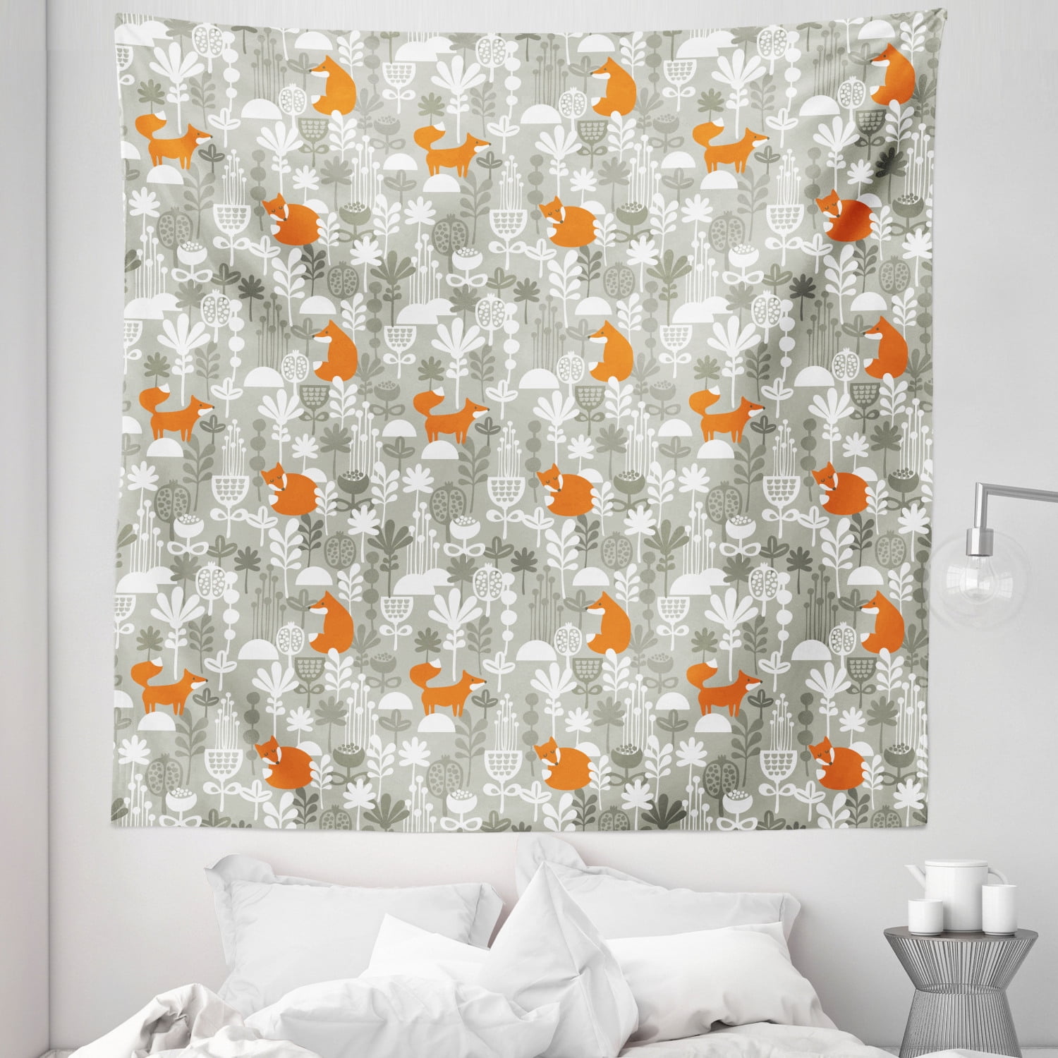 Fox Tapestry, Woodland Animals in Flower Field Cartoon Sleeping Forest ...