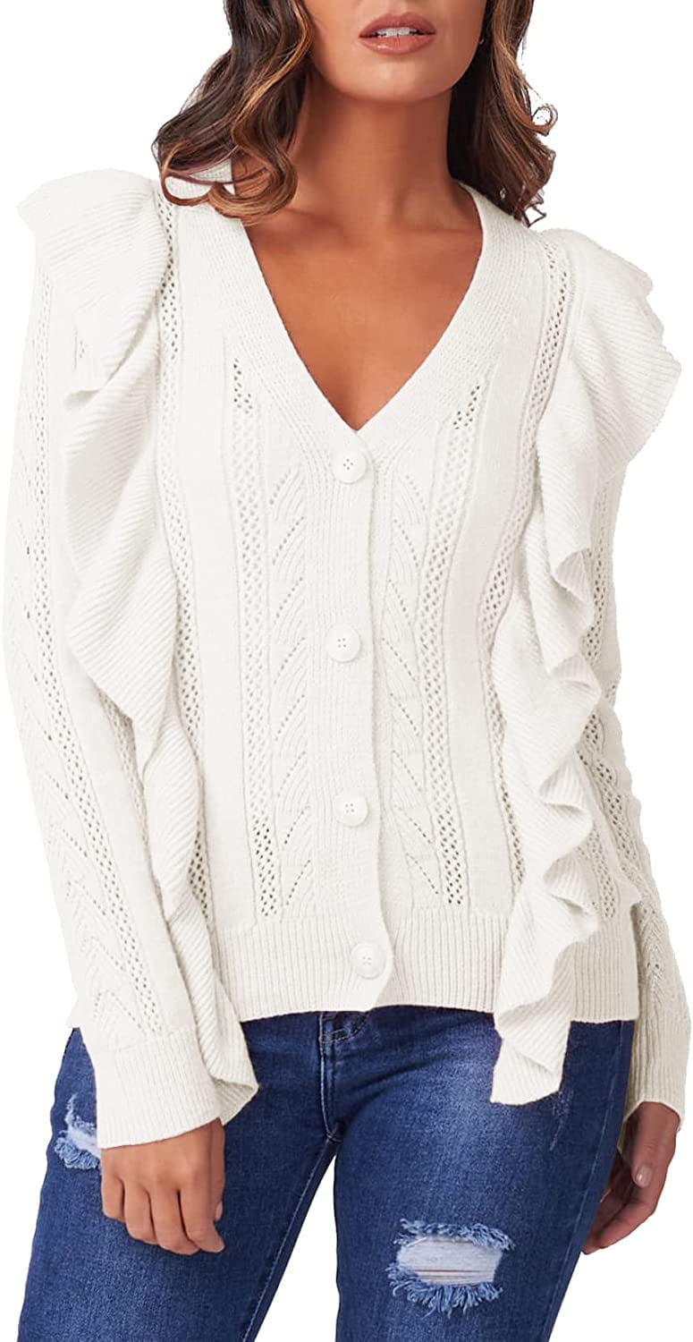 MURMUREY Womens Long Sleeve Ruffle Cropped Cardigans 2022 Fall Casual V ...
