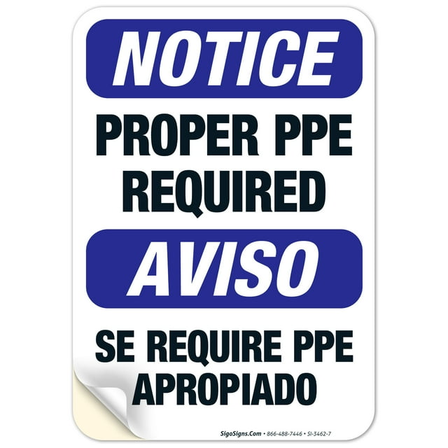Bilingual Proper PPE Required Sign, OSHA Sign, 10x7 Vinyl Sticker ...