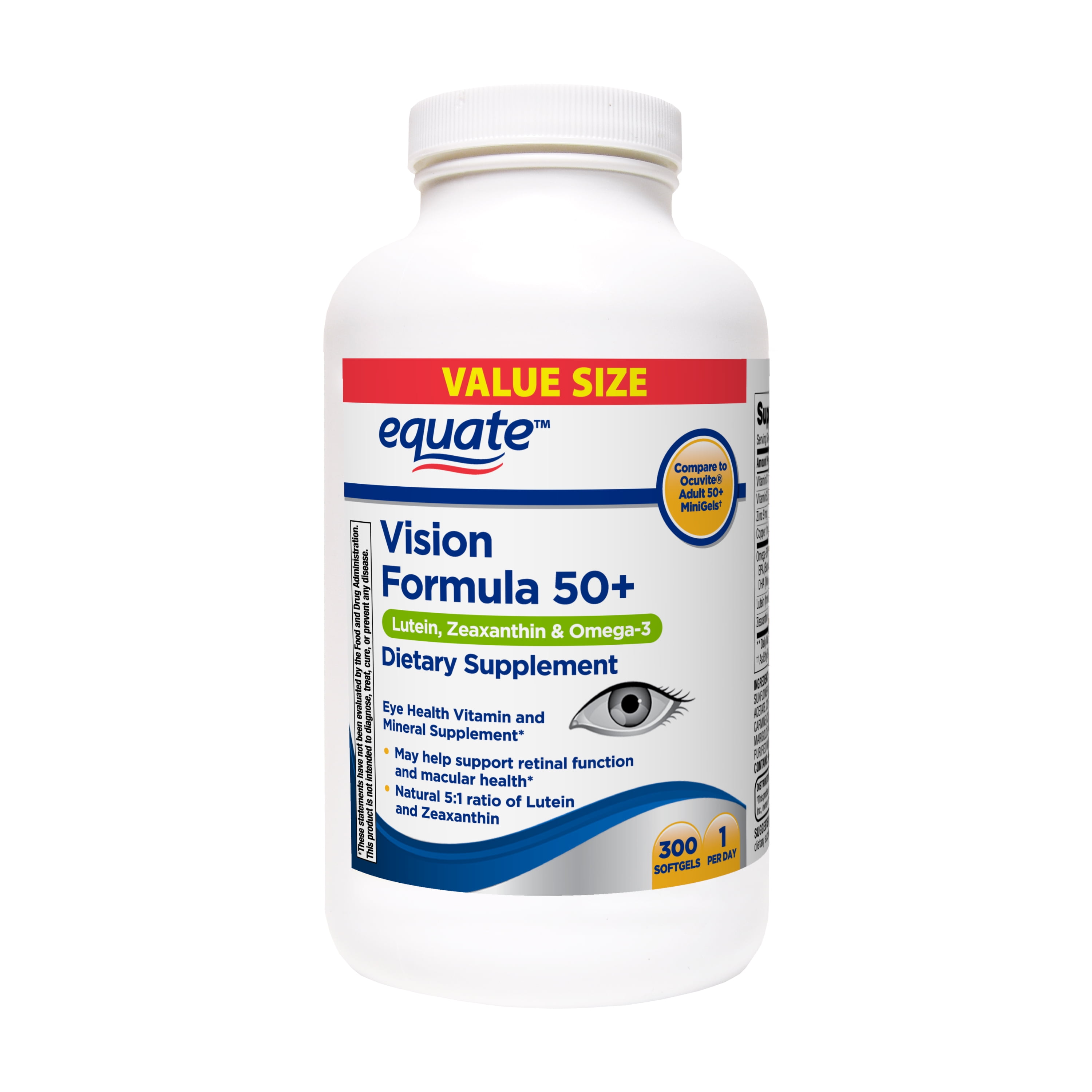 Equate Vision Formula 50+ Dietary Supplement Softgels, Value Size, 300 ...