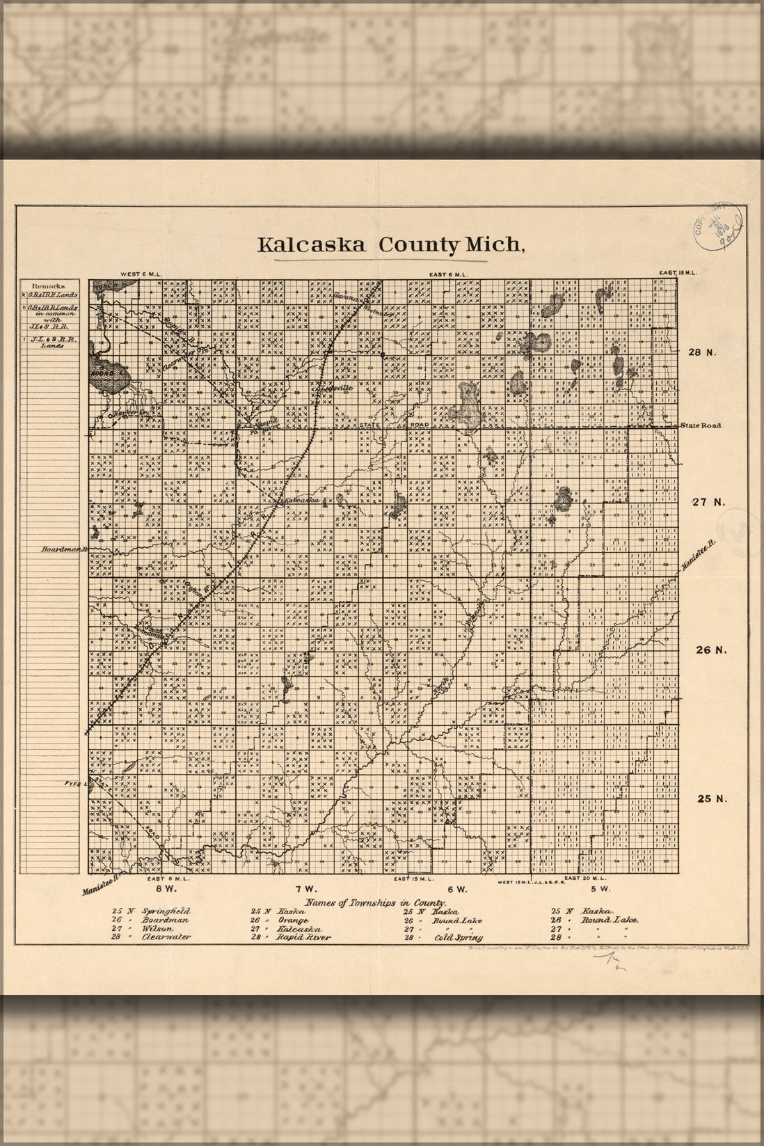24"x36" Gallery Poster, map of kalkaska County, Michigan 1878 - Walmart.com
