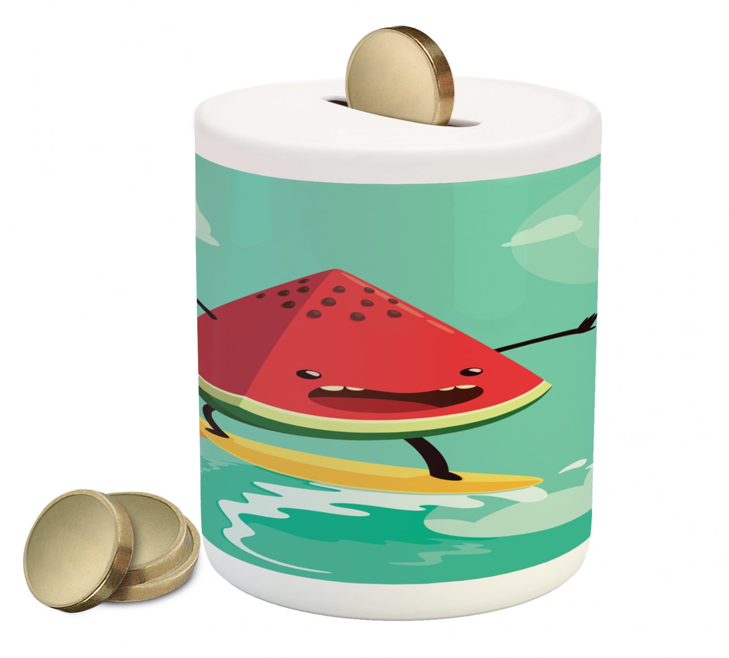 Surf Piggy Bank, Watermelon Riding the Waves Surfing in the Ocean ...