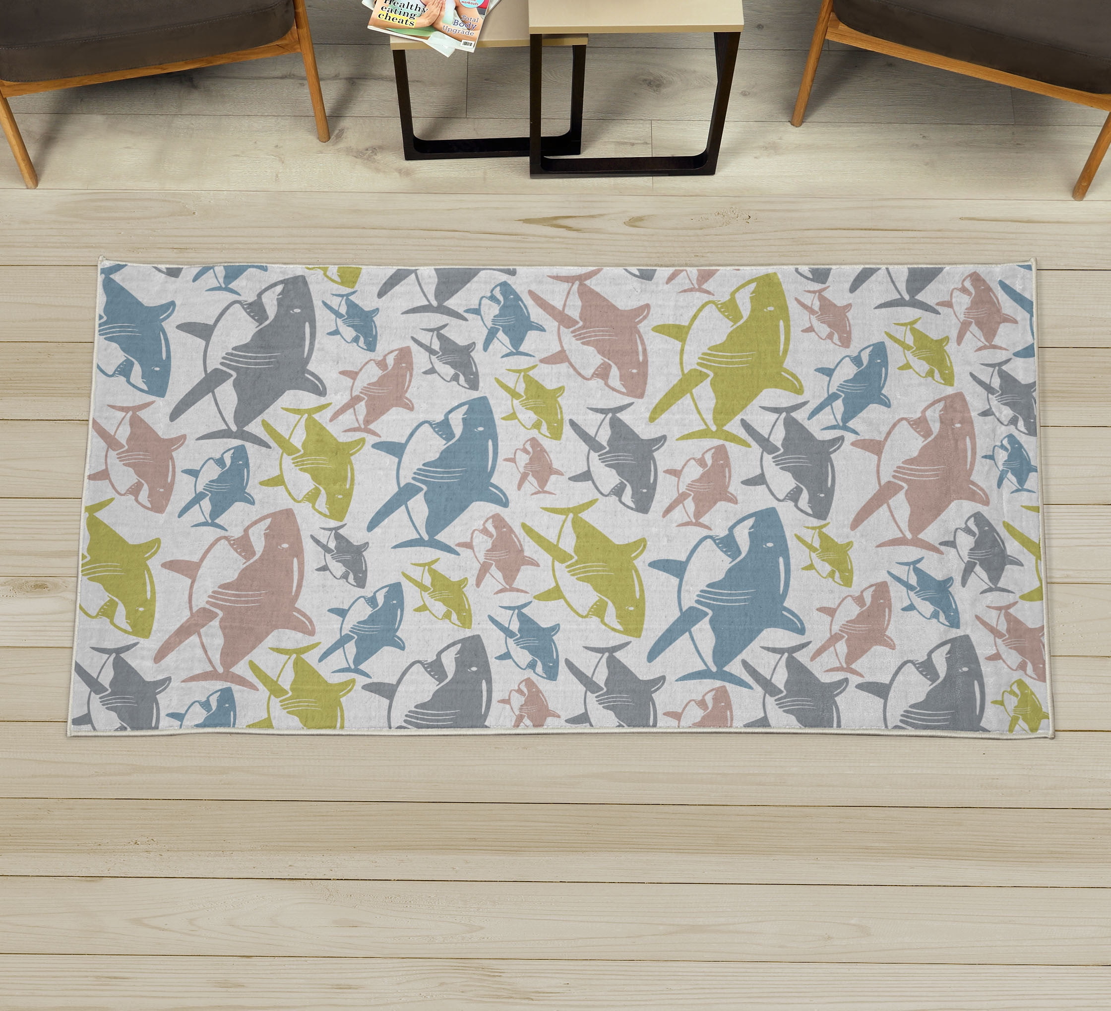 Shark Decorative Rug, Colorful Underwater Fish Pattern Masters Survival ...