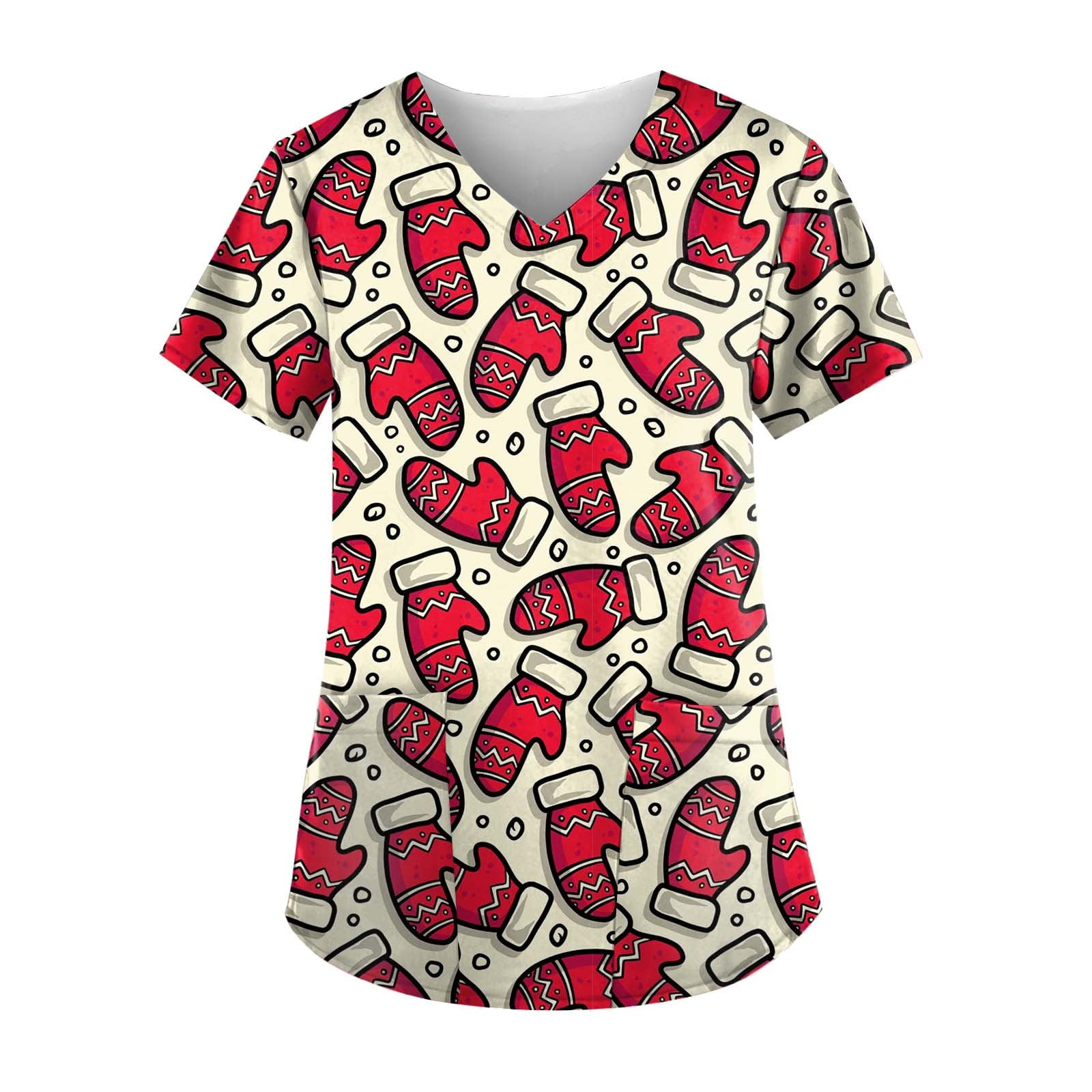 Womens Plus Size Scrub Uniform Christmas Print V Neck Scrubs Nurse Workwear Top T Shirts