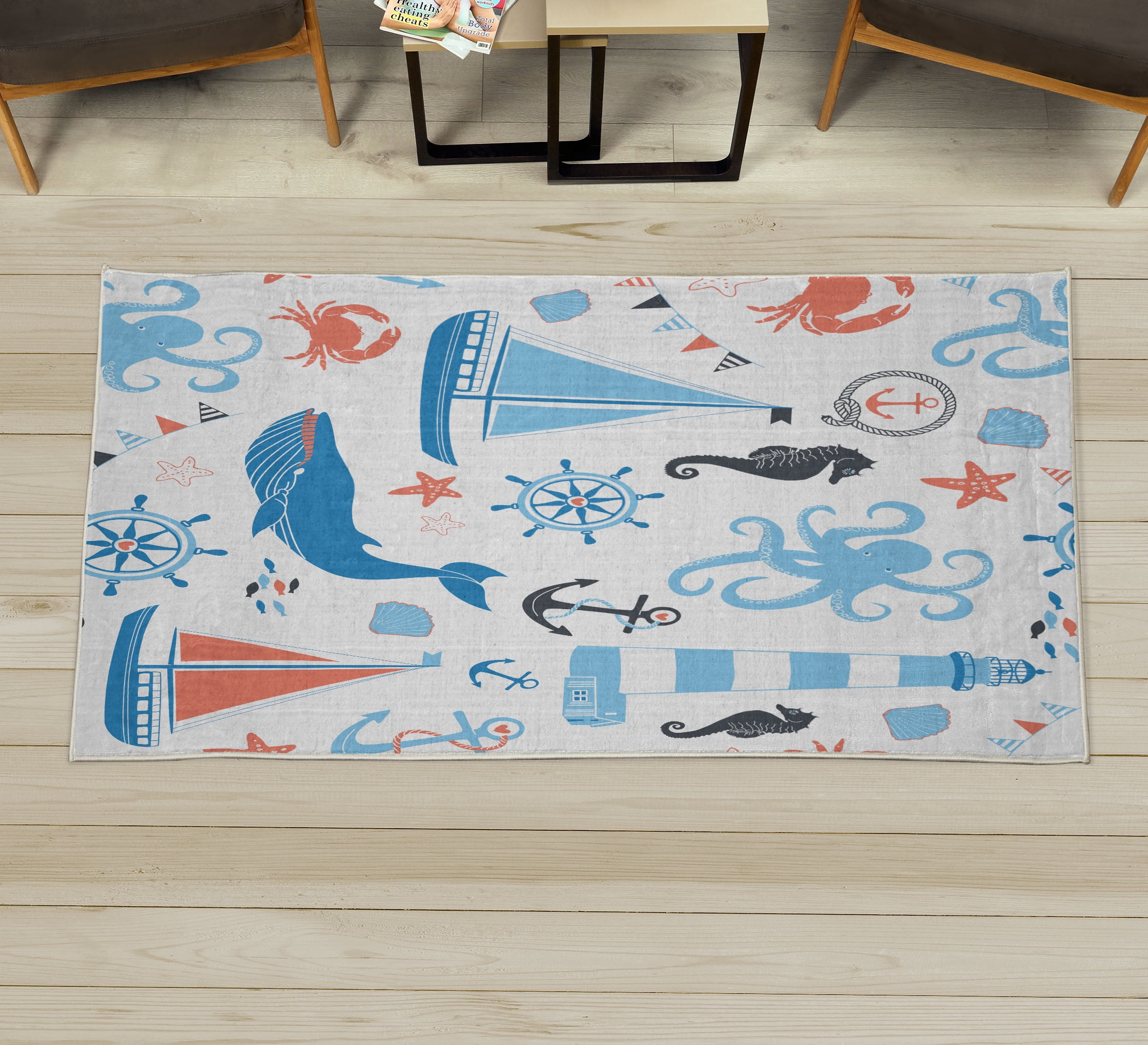 Nautical Decorative Rug, Pastel Colored Composition of Lighthouse ...