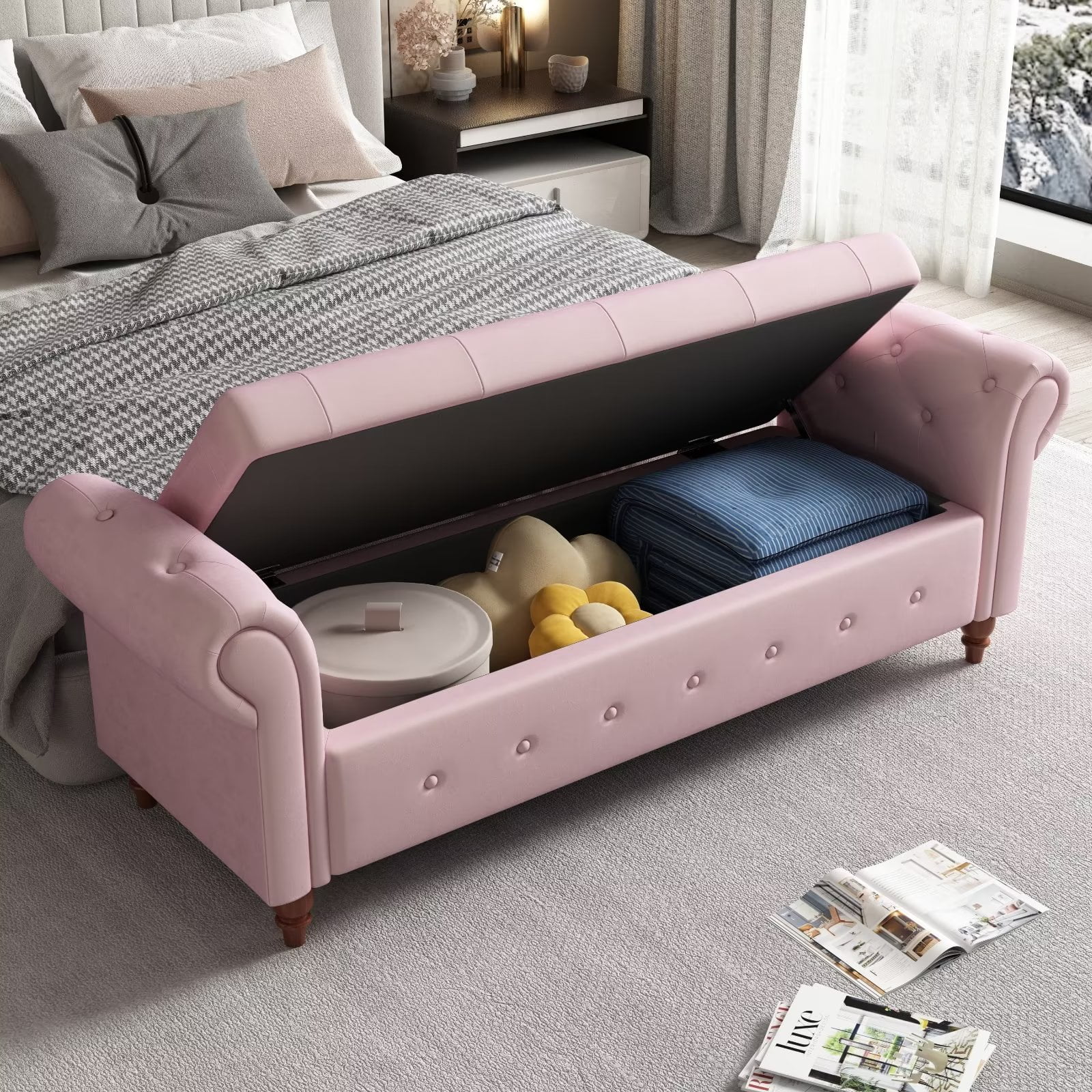 63" Long Storage Bench, Button Tufted Bed End Storage Bench with Rolled ...