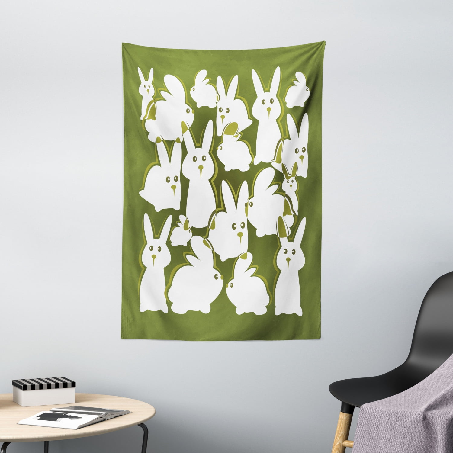 Bunny Tapestry, Funny Cartoon White Rabbits on Green Backdrop Easter ...