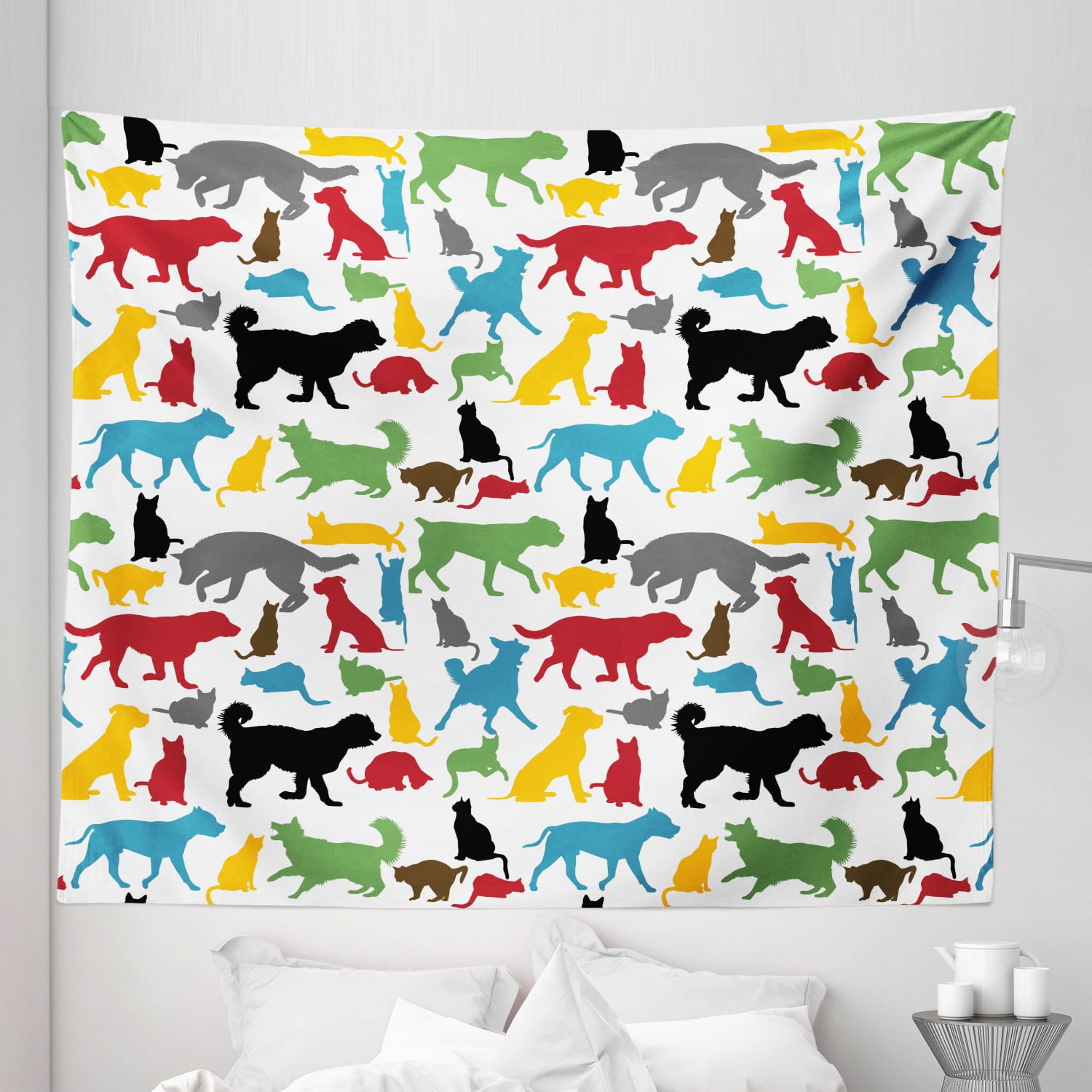 Cats Tapestry, Colorful Cats and Dogs Animal Silhouettes Domestic Pets ...
