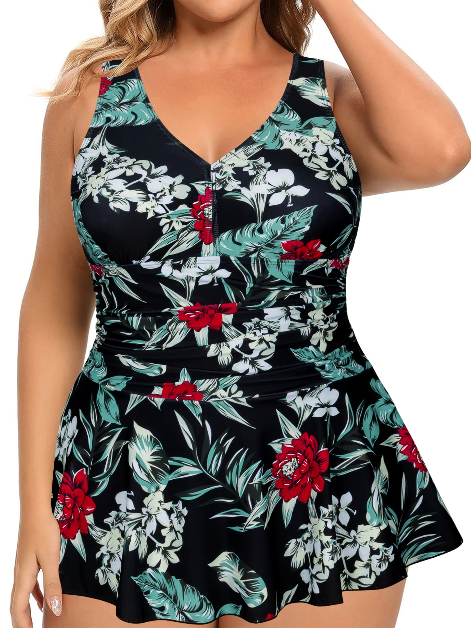 Women's Plus Size Ruched One Piece Swimdress Tummy Control Floral ...