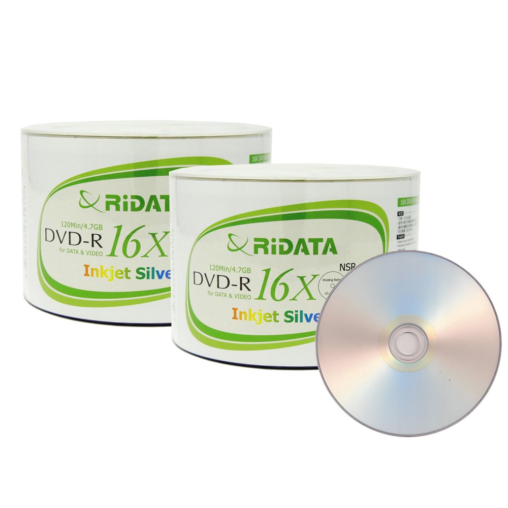 100 Pack Ridata DVD-R 16X 4.7GB 120 Min Silver Inkjet Hub Printable Blank Data Video Media ...