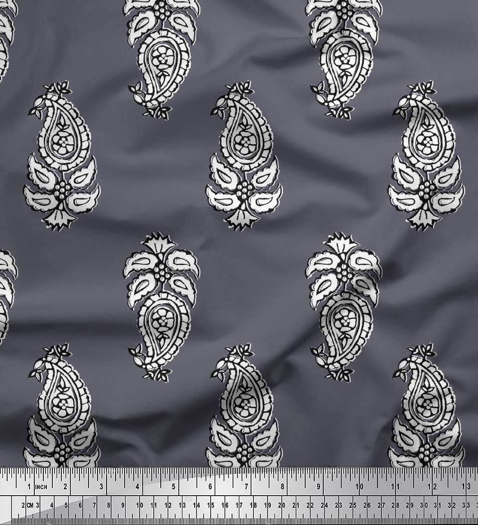 Soimoi Silk Fabric Leaves & Paisley Block Print Fabric by The Yard 42 ...