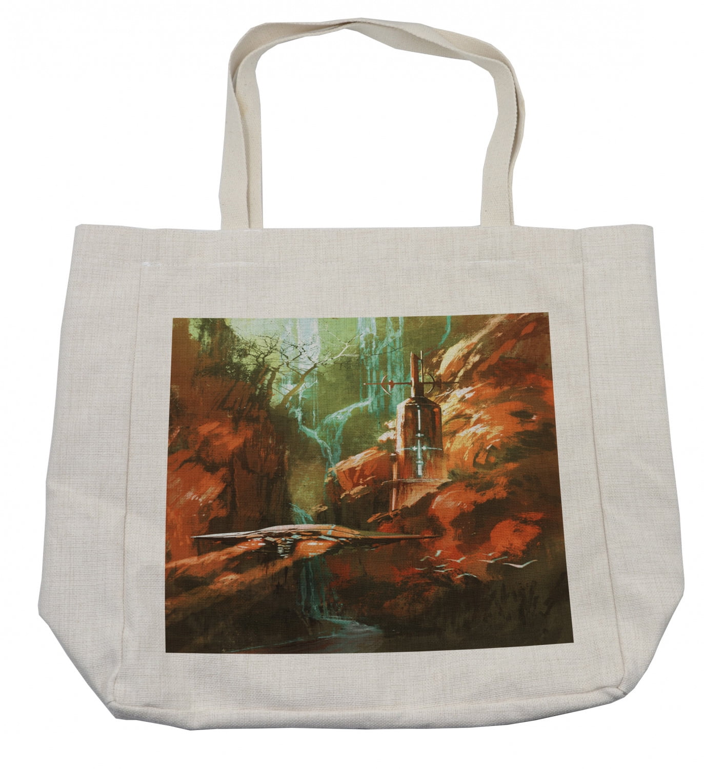 Fantasy World Shopping Bag, Spaceship on Background of Waterfall ...