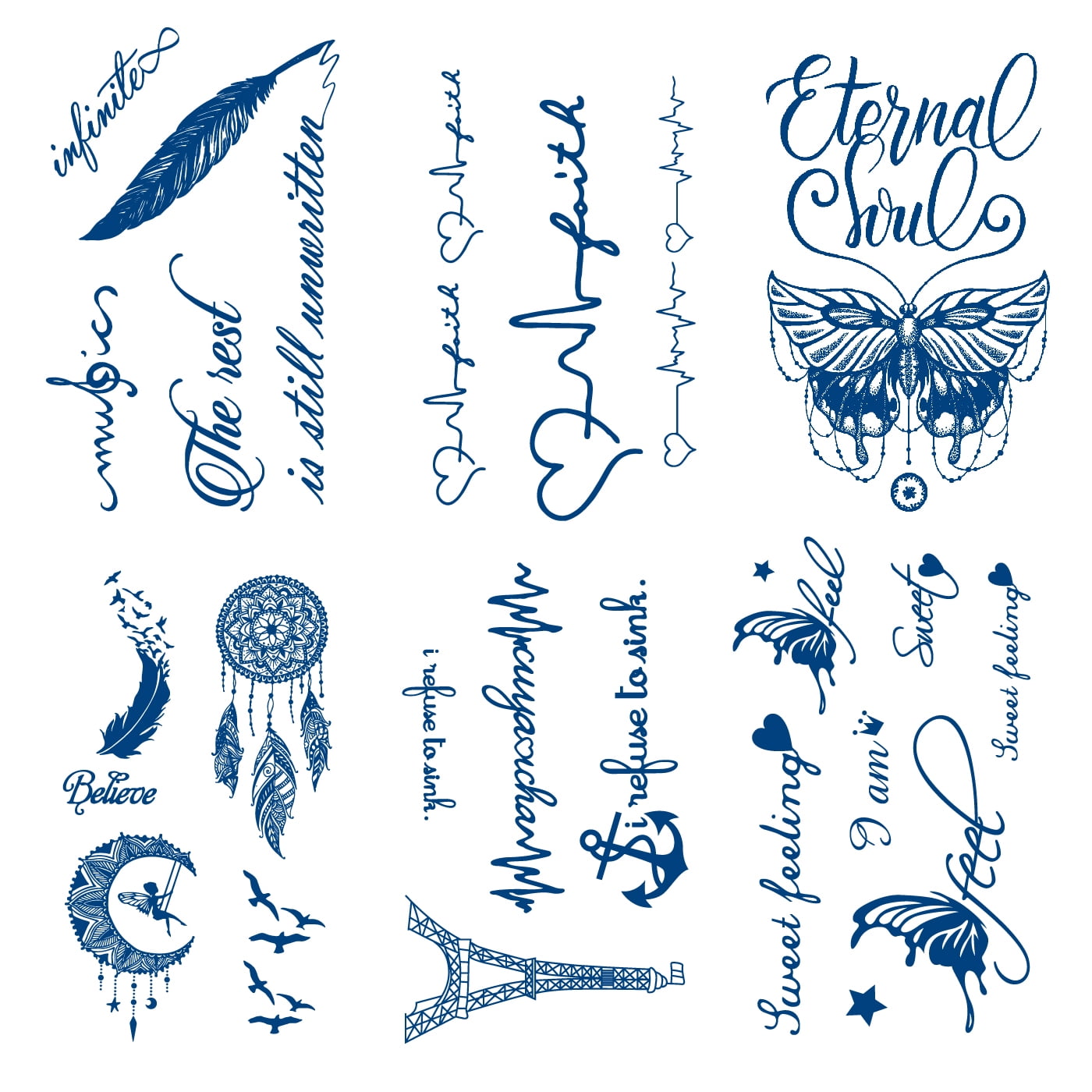 English Semi Permanent Tattoos, 6-Sheet Fake Letters Temporary Stickers ...