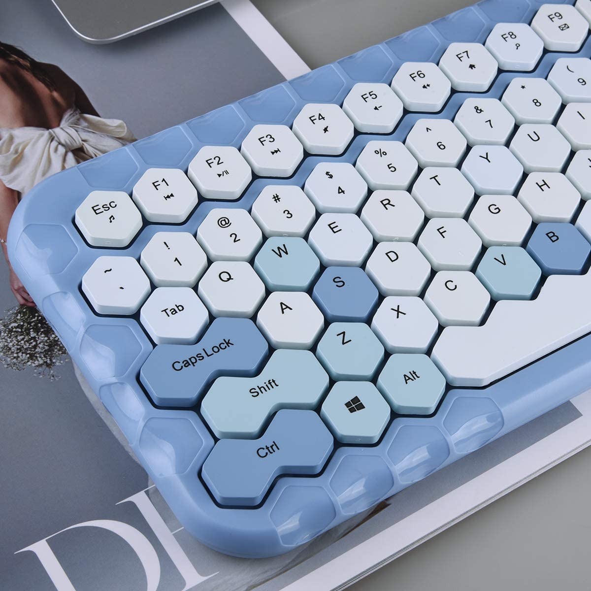 Wireless Keyboard and Mouse Combo, Cute Keycaps Keyboard with Hexagonal ...