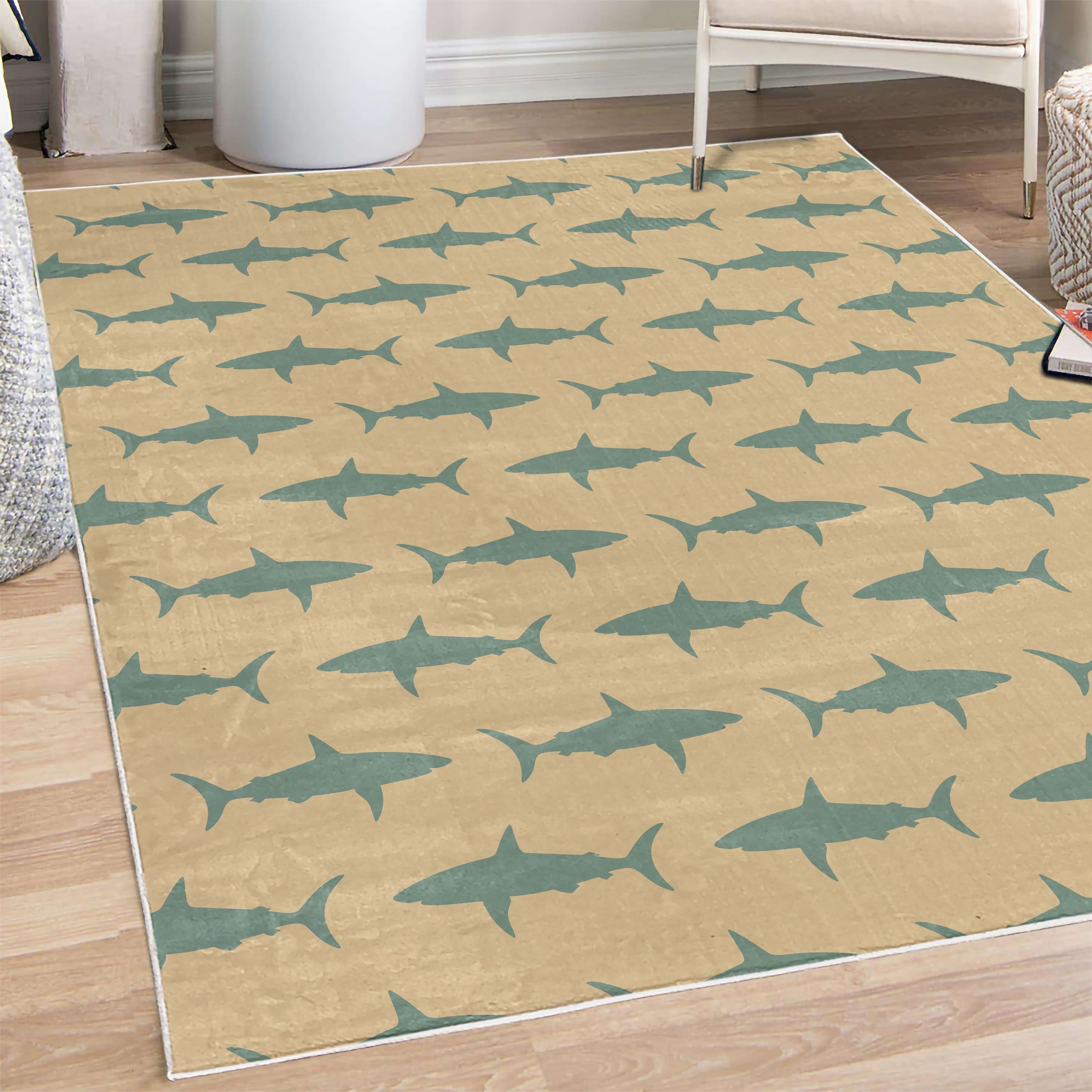 Sea Animals Decorative Rug, Sharks Swimming Horizontal Silhouettes ...