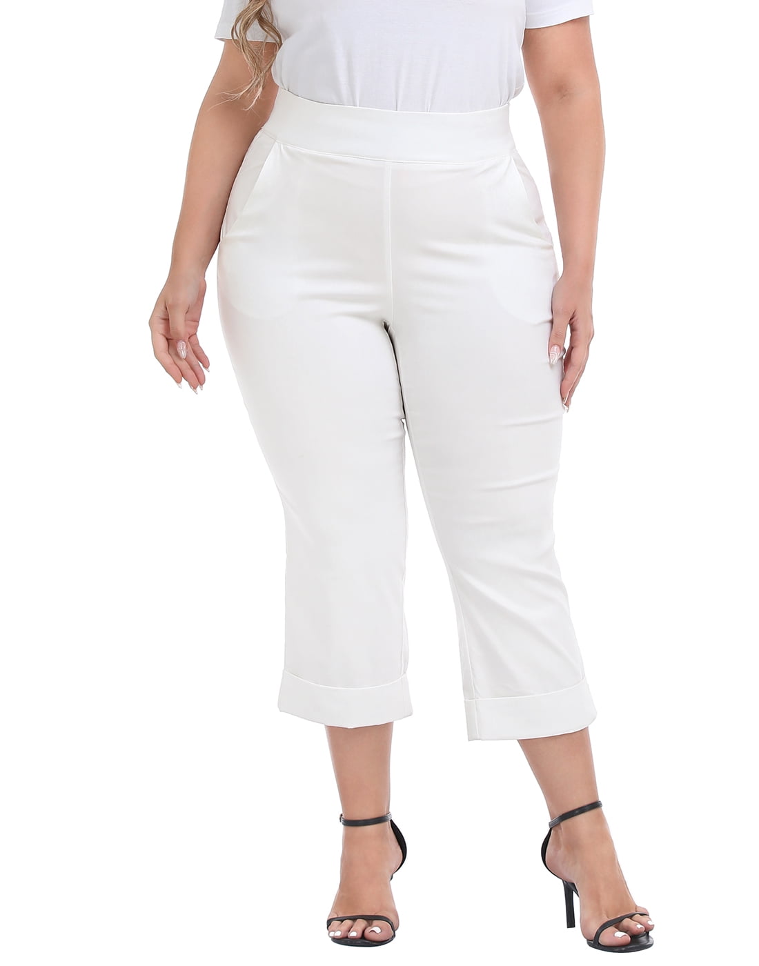 HDE Women's Plus Size Pull On Capris with Pockets Cropped Pants White ...