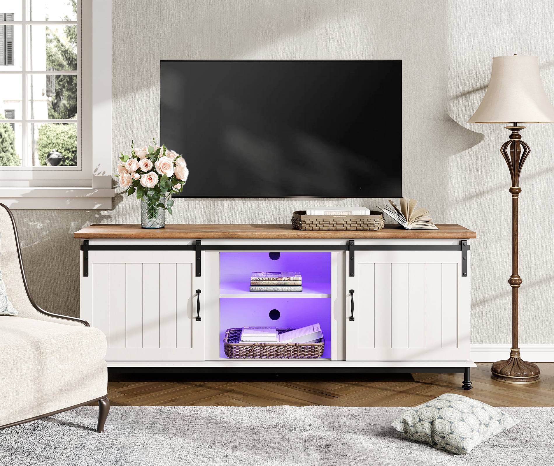WAMPAT 70'' Farmhouse TV Stand with LED Lights, Sliding Door Console ...