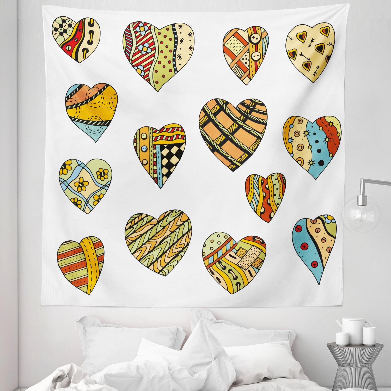 Valentine Tapestry, Hand Drawn Heart Shapes Different with Ornamental ...