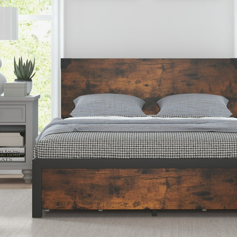 Double Bed Wooden Bedstead Drawer Storage Bed With 4 drawers Particle Board Headboard Metal Platform Bed with Large Storage Space No Box Spring
