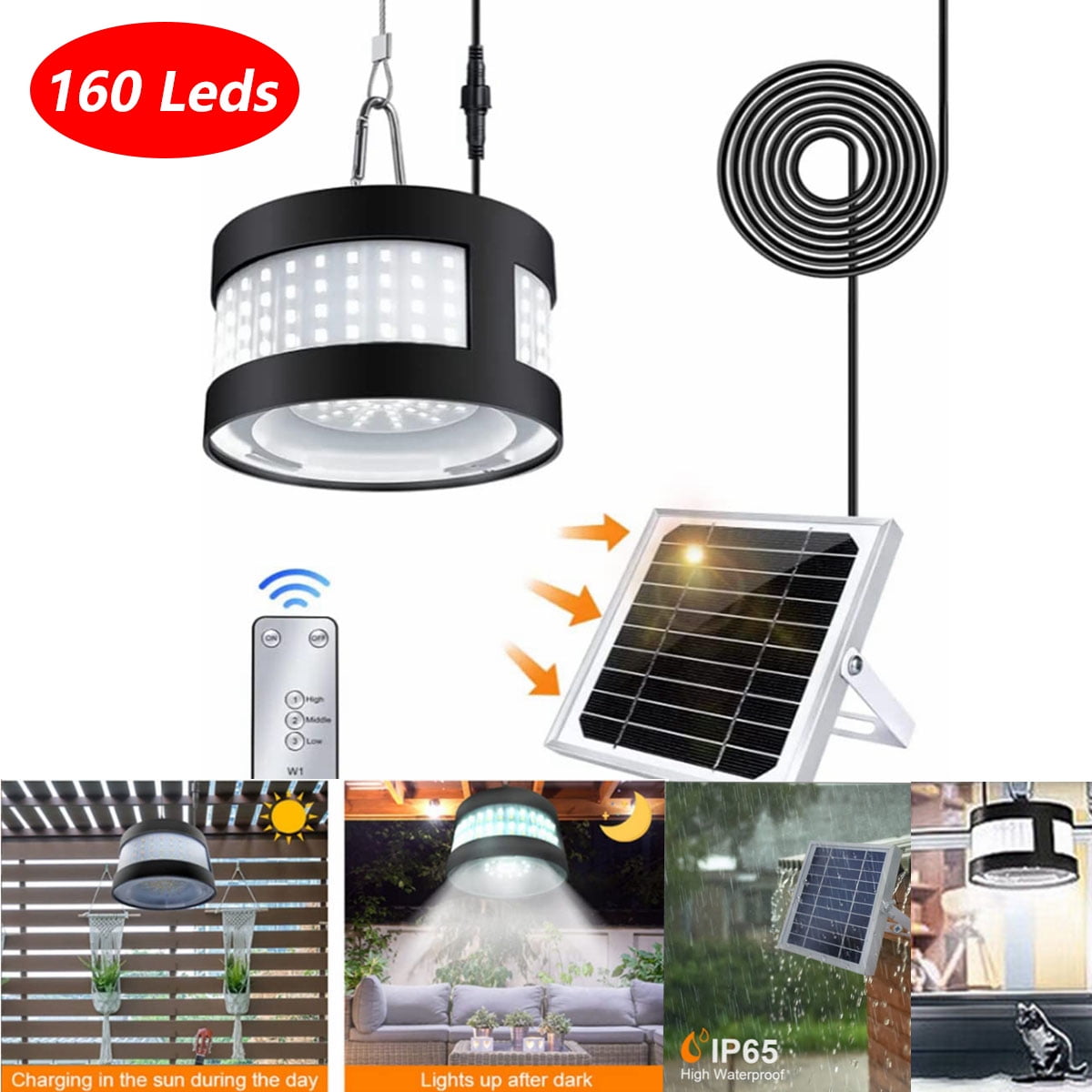 SHANNA Solar Pendant Light Outdoor Indoor with Remote Hanging Hook & 16 ...