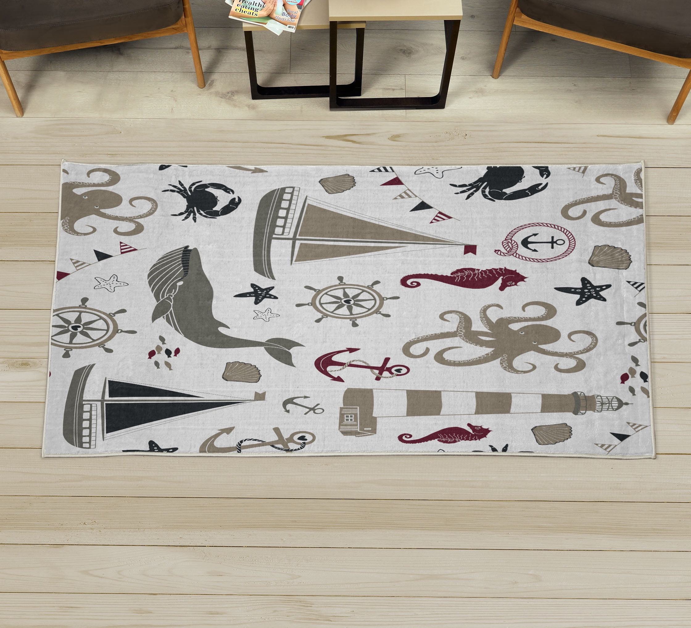 Nautical Decorative Rug, Pastel Colored Composition of Lighthouse ...