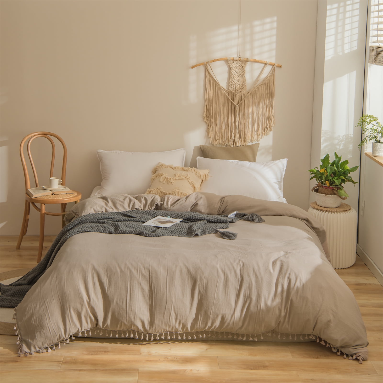 Move Over Taupe Tassel Duvet Cover Queen Boho Quilt Cover Only Solid ...