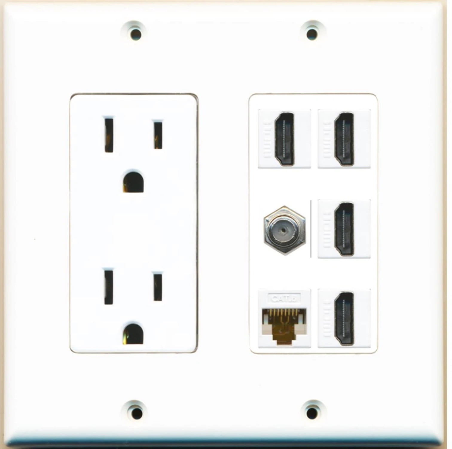 Ultra Spec Cables - 2 Gang 15A Power Outlet 4 HDMI Coax Cat6 Wall Plate ...