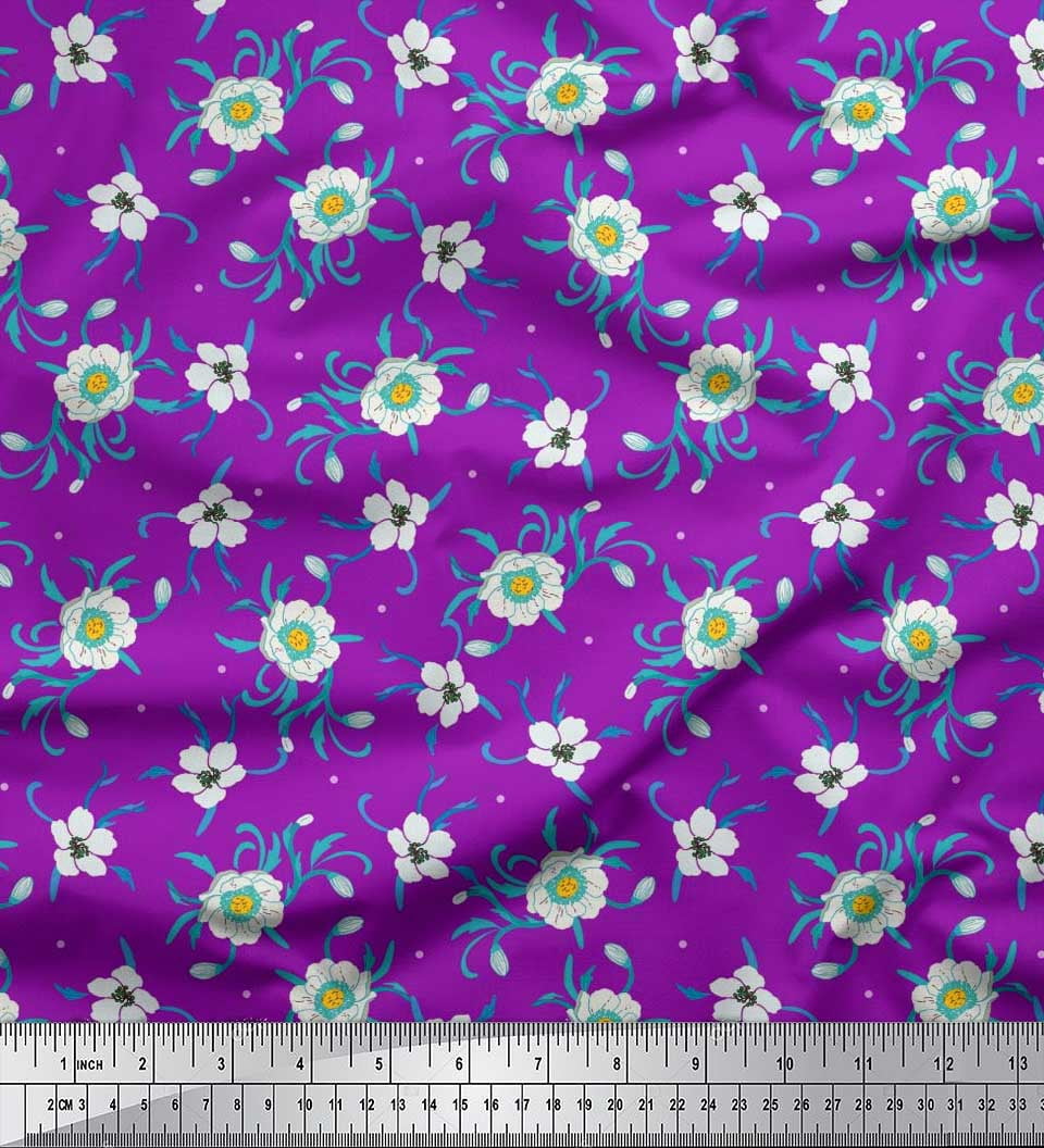 Soimoi Cotton Jersey Fabric Leaves & White Flower Floral Print Fabric ...