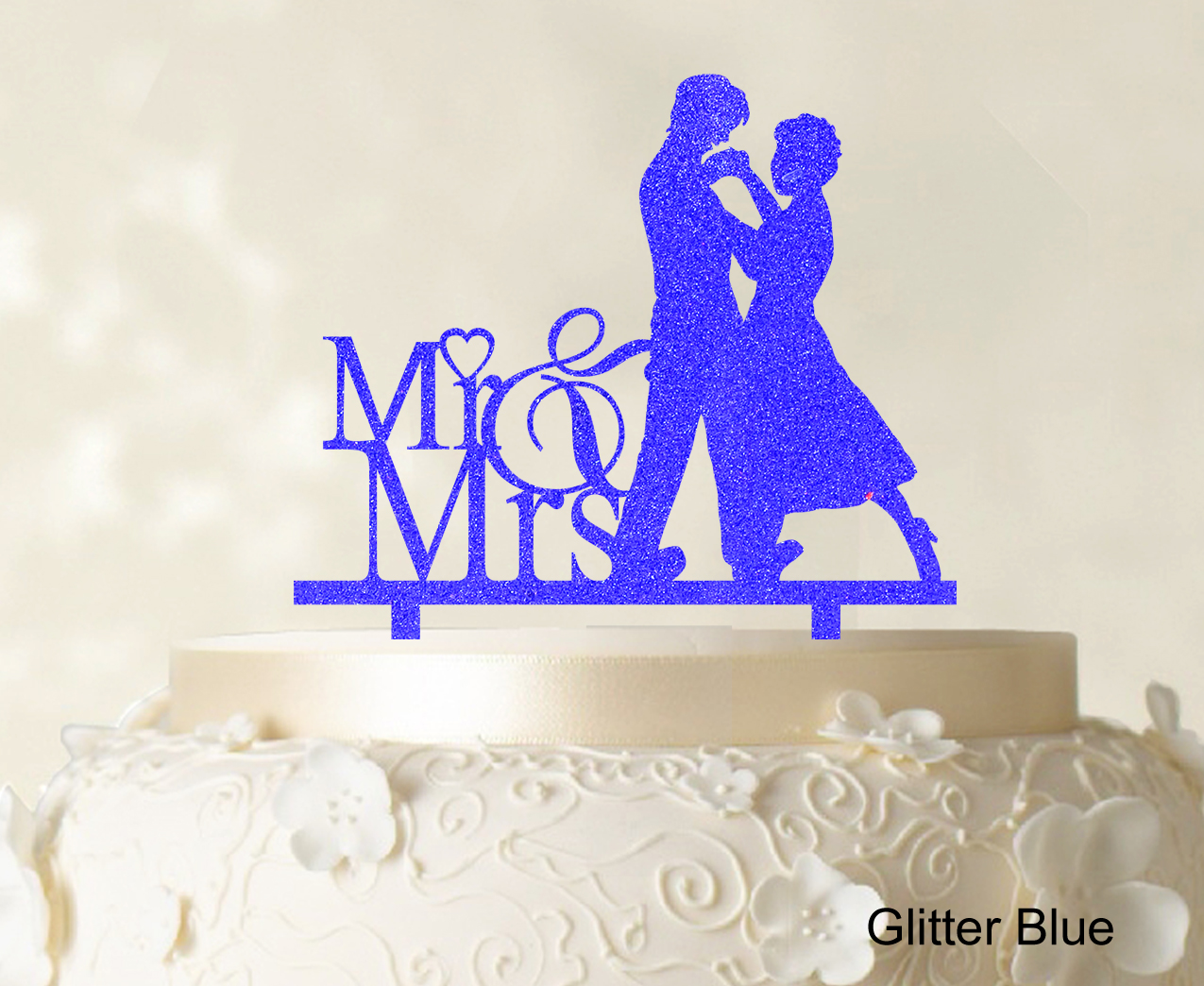 "Mr & Mrs Wedding Cake Topper Personalized Glitter Blue Cake Topper ...