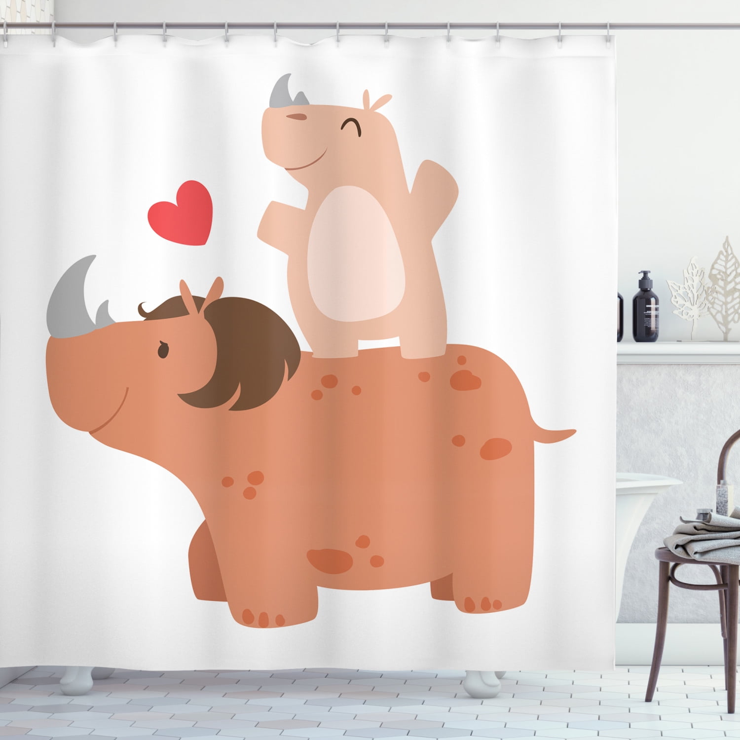 Rhino Shower Curtain, Mother and Calf with a Heart Motif Family Love ...