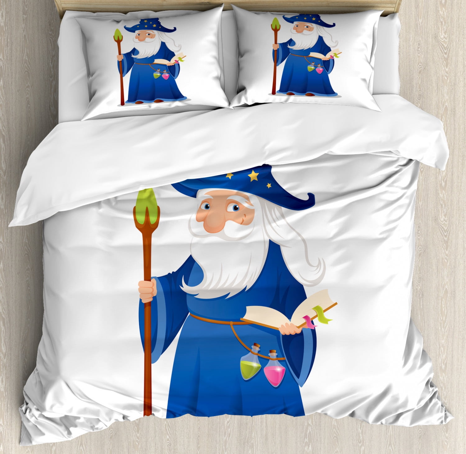 Wizard Duvet Cover Set King Size, Sweet Old Cartoon Wizard with Spell ...