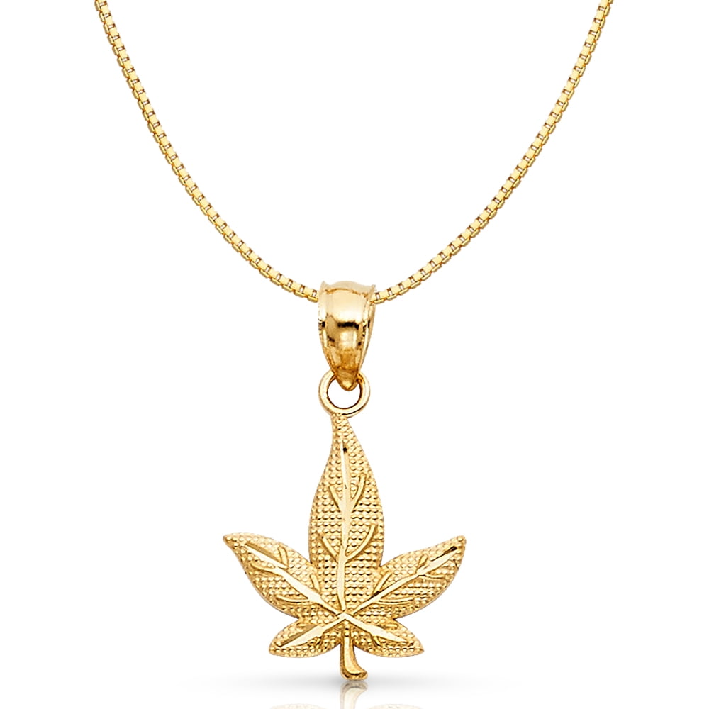 Ioka-14K Yellow Solid Gold Marijuana Leaf Charm Pendant with 1mm Box ...