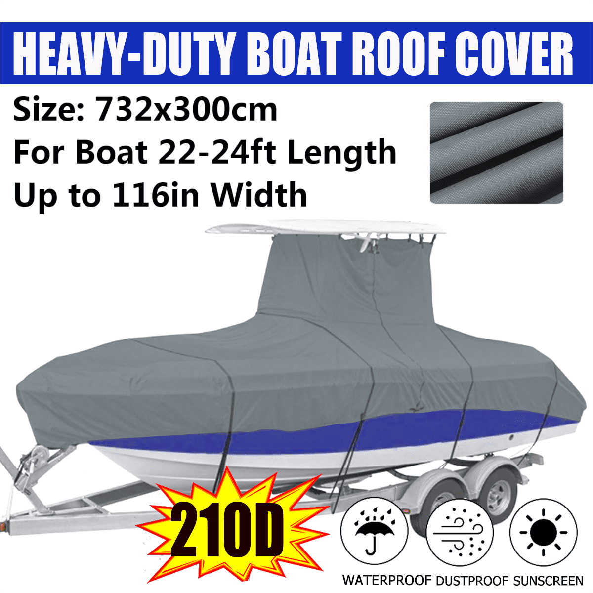 210D T-Top Boat Cover for Boat 22-24ft L 116" W, Waterproof Heavy Duty ...