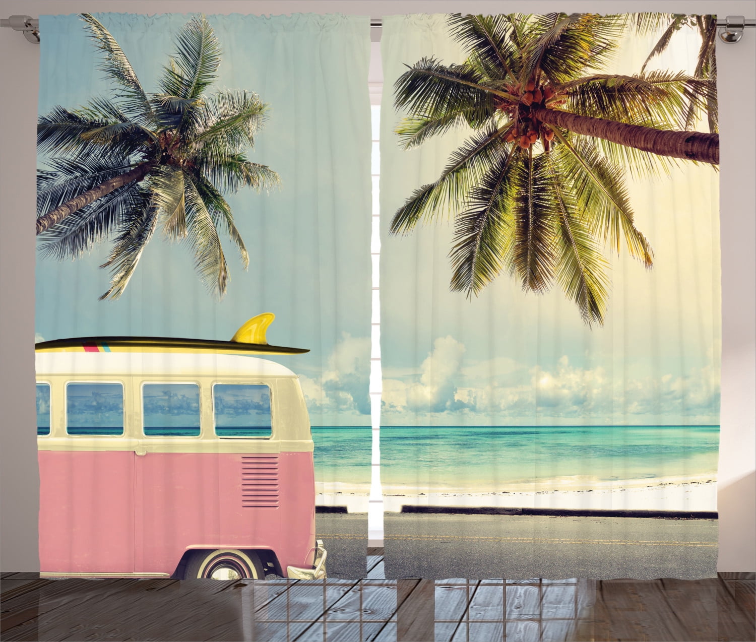 Surf Decor Curtains 2 Panels Set, Minivan on the Beach Retro Inspired ...